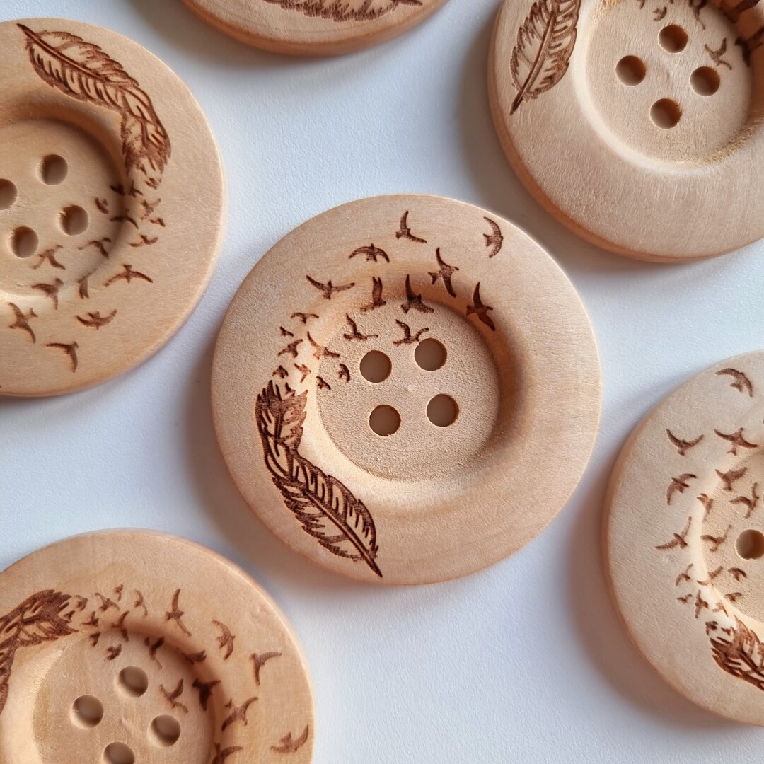 Luxury Wooden Feather Bird Flying Buttons - Large 40mm - Round - 4 Hole ...