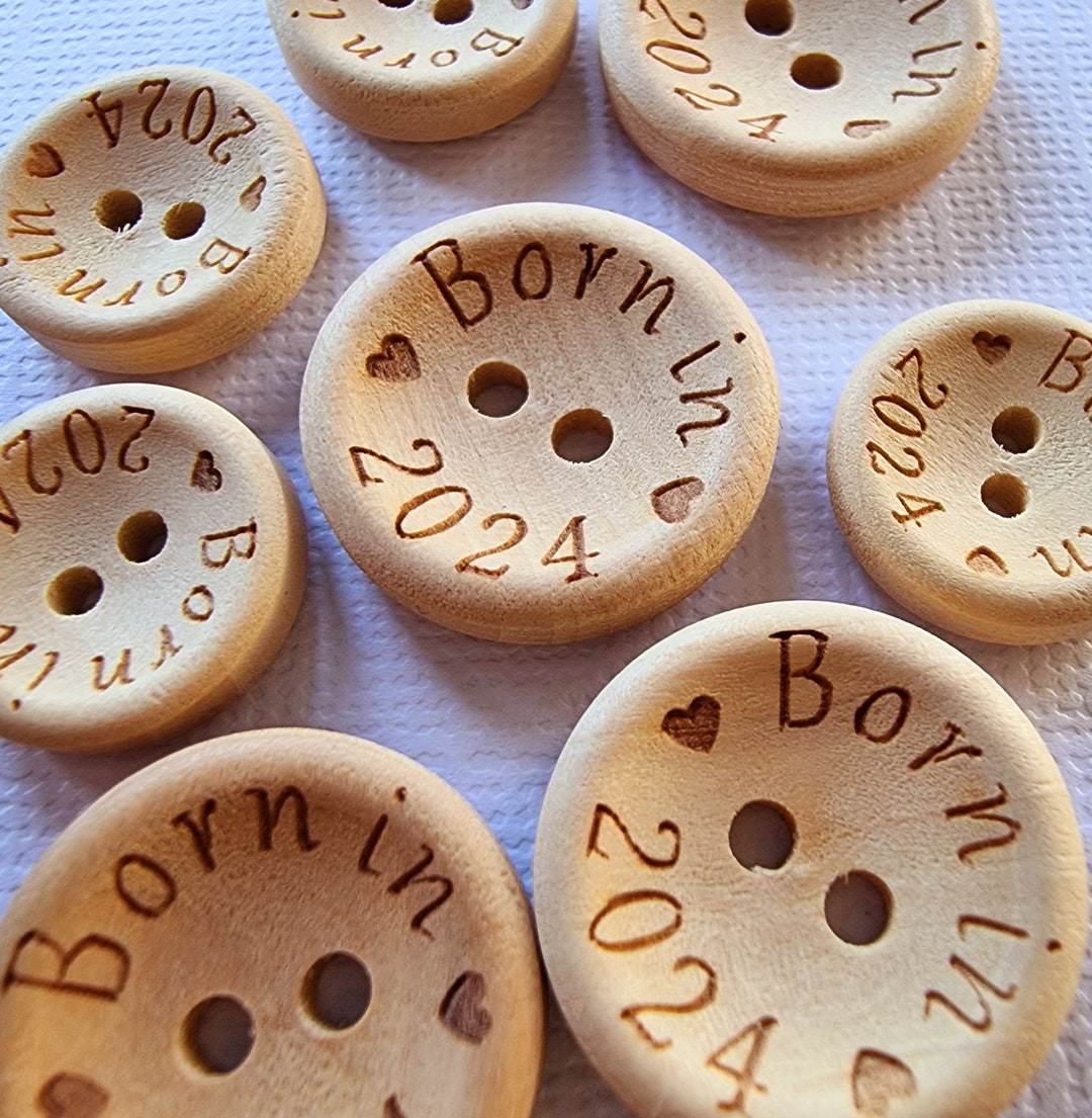 Born in 2024 Real Wooden Buttons - 15mm, 20mm - 10 Buttons - for Baby ...