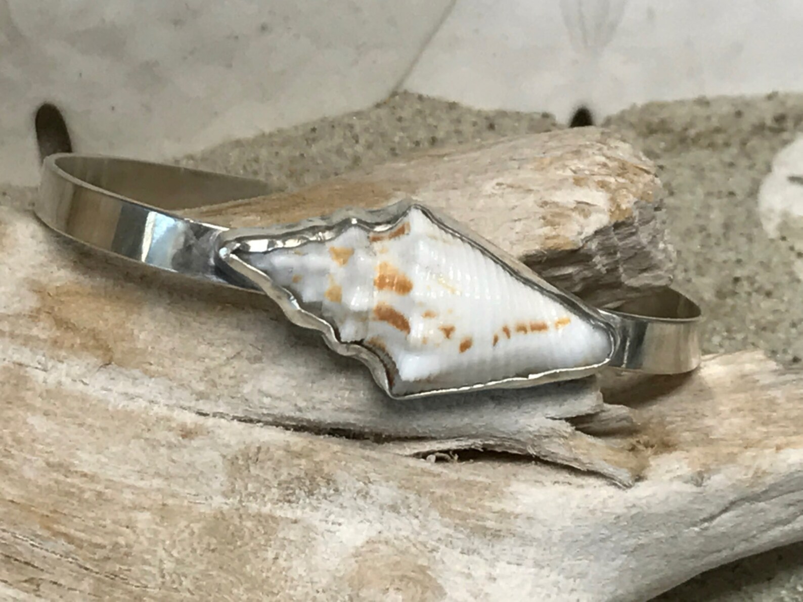 Sterling Silver Cuff Bracelet With Bezel Juvenile Fighting Conch Shell ...