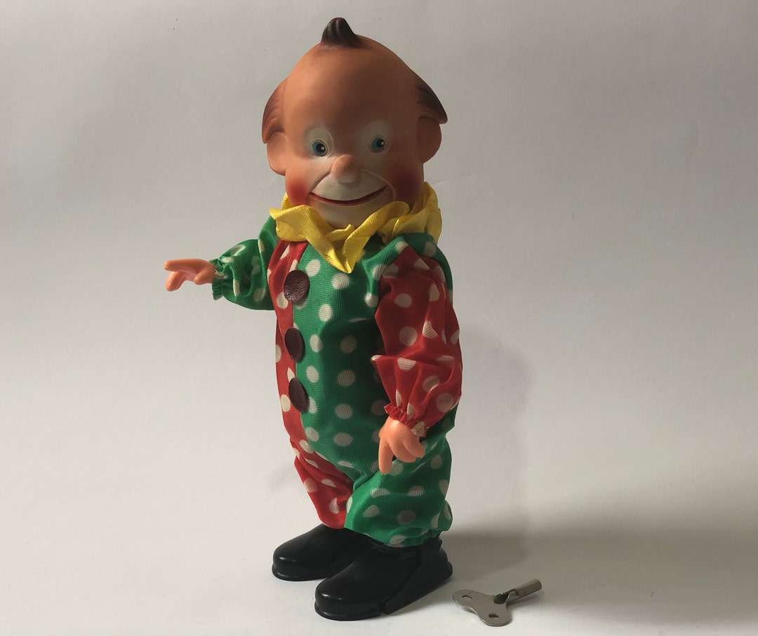 Vintage Clockwork Clown, DDR Toy, Antique Clockwork Toy. Rubber Face ...