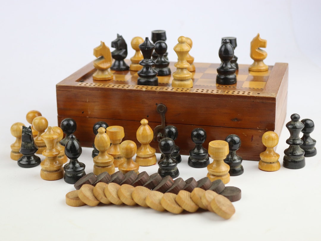 Rare Vintage Chess Set With Checkers, Soviet Chess Set, Small Wooden ...