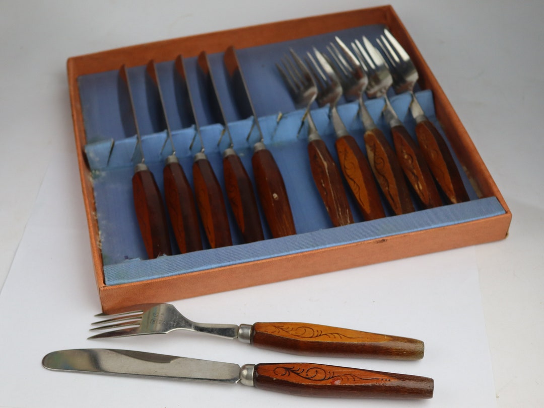 Full Set of 12 Soviet Stainless Steel Dining Items With Wooden Handles ...