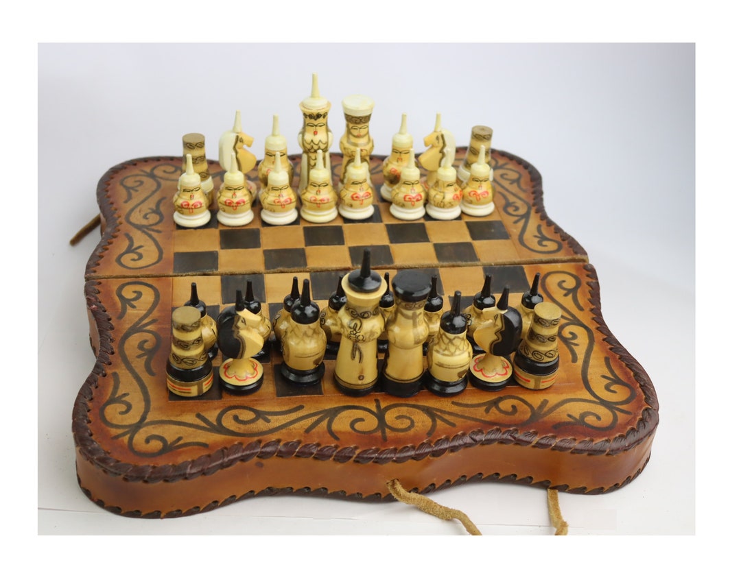 Like New Rare Vintage Chess Set With Leather Board, Wooden Chess ...