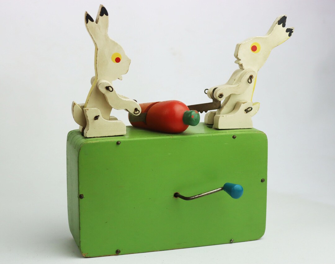 Rare Soviet Wooden Hand Organ Toy Bunnies Share Carrot. Bunny Vintage ...