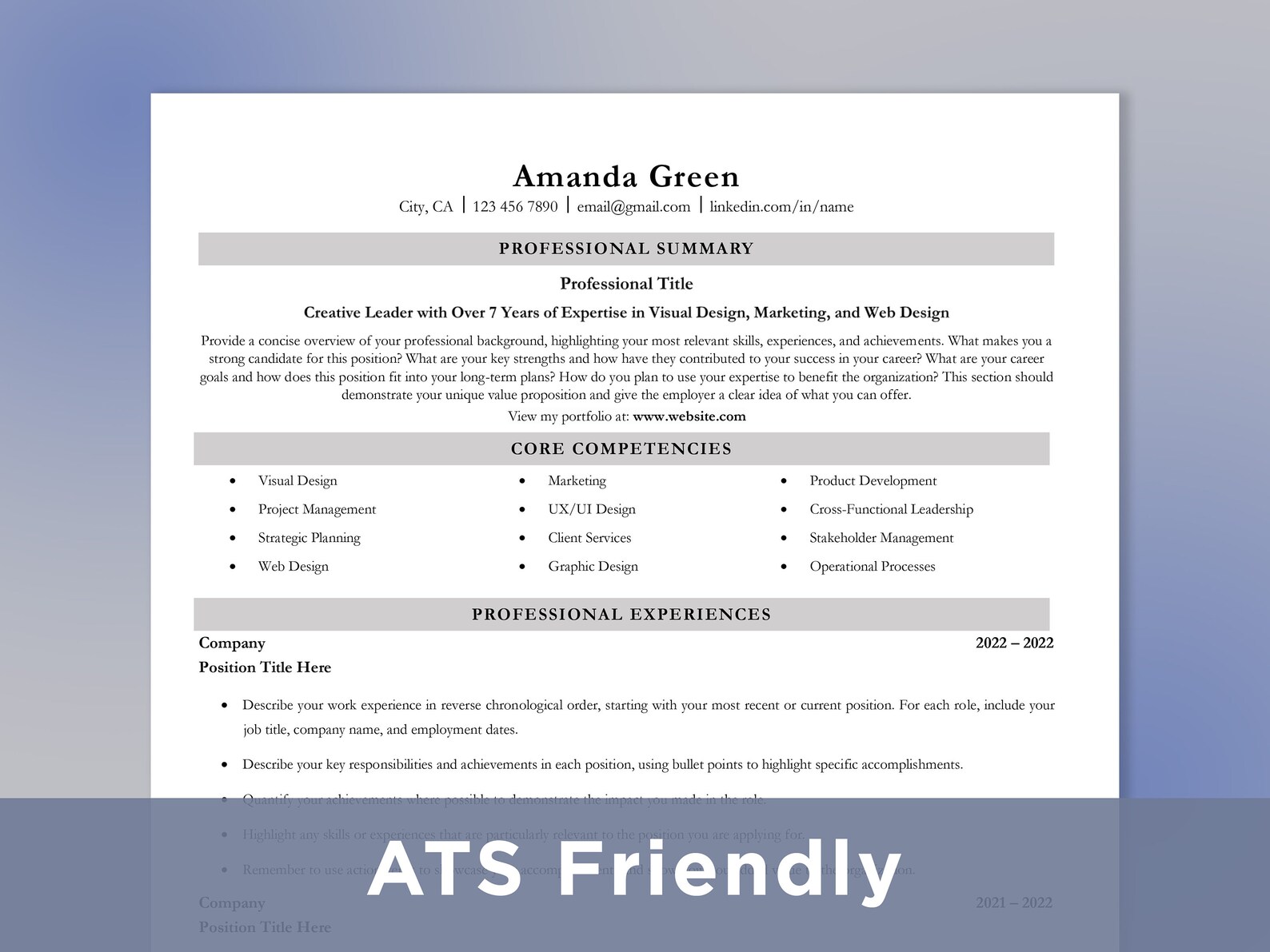 ATS Friendly Resume Template for Google Doc, Word | ATS Compatible ...
