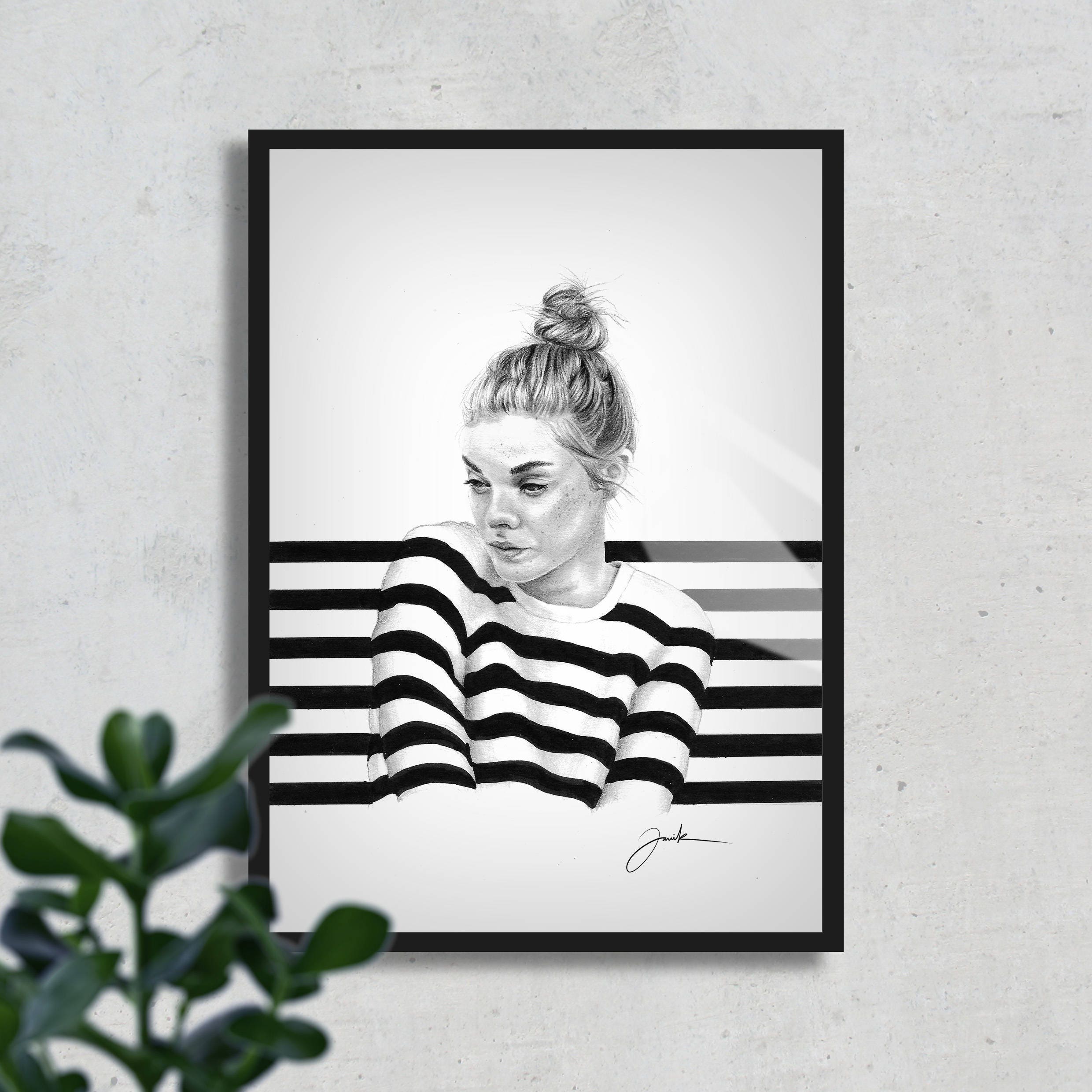 Stripes FINE ART PRINT Pencil Drawing Portrait handmade | Etsy