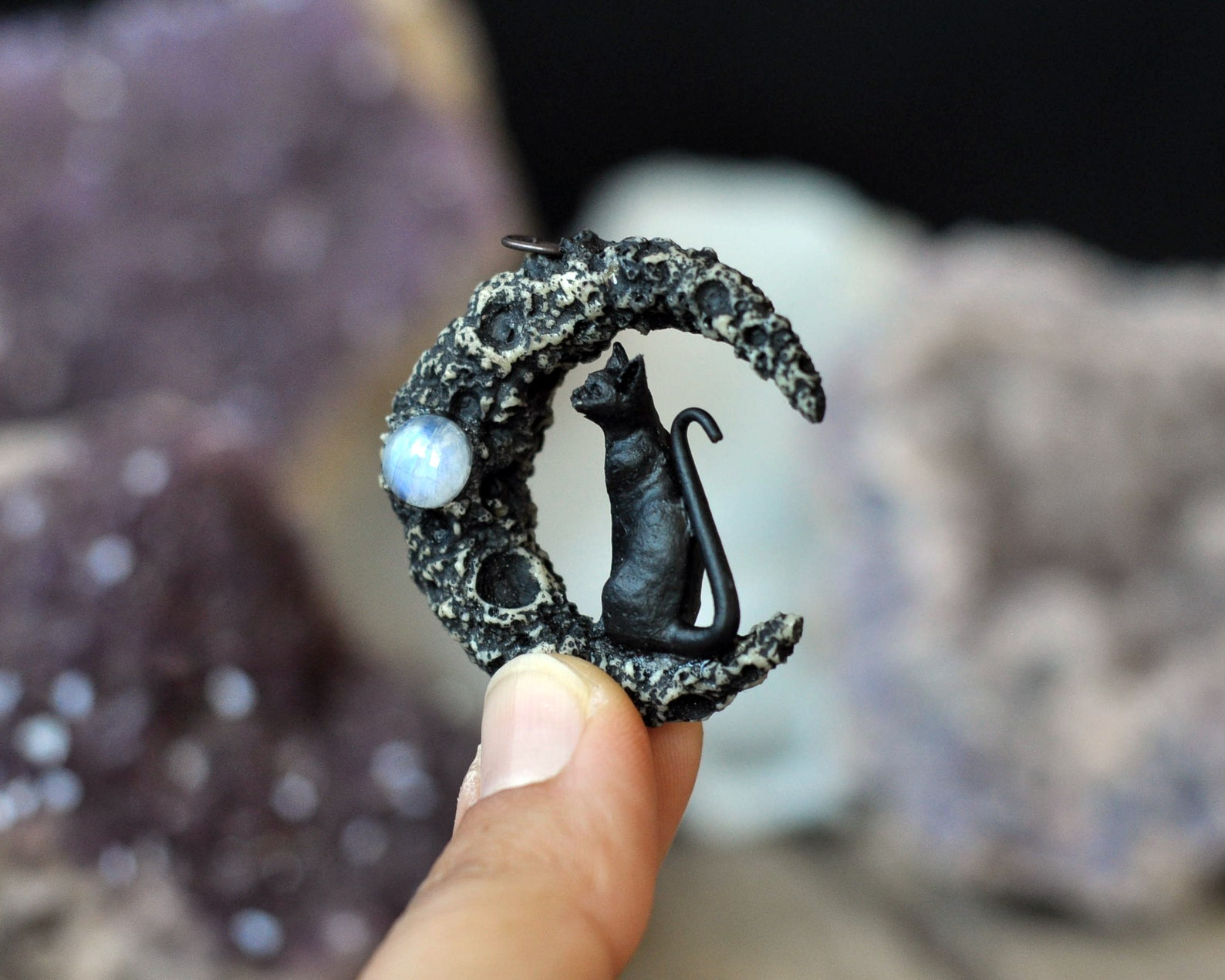 Crater Moon Cat Pendant, Small Size Crater Crescent Moon Necklace ...