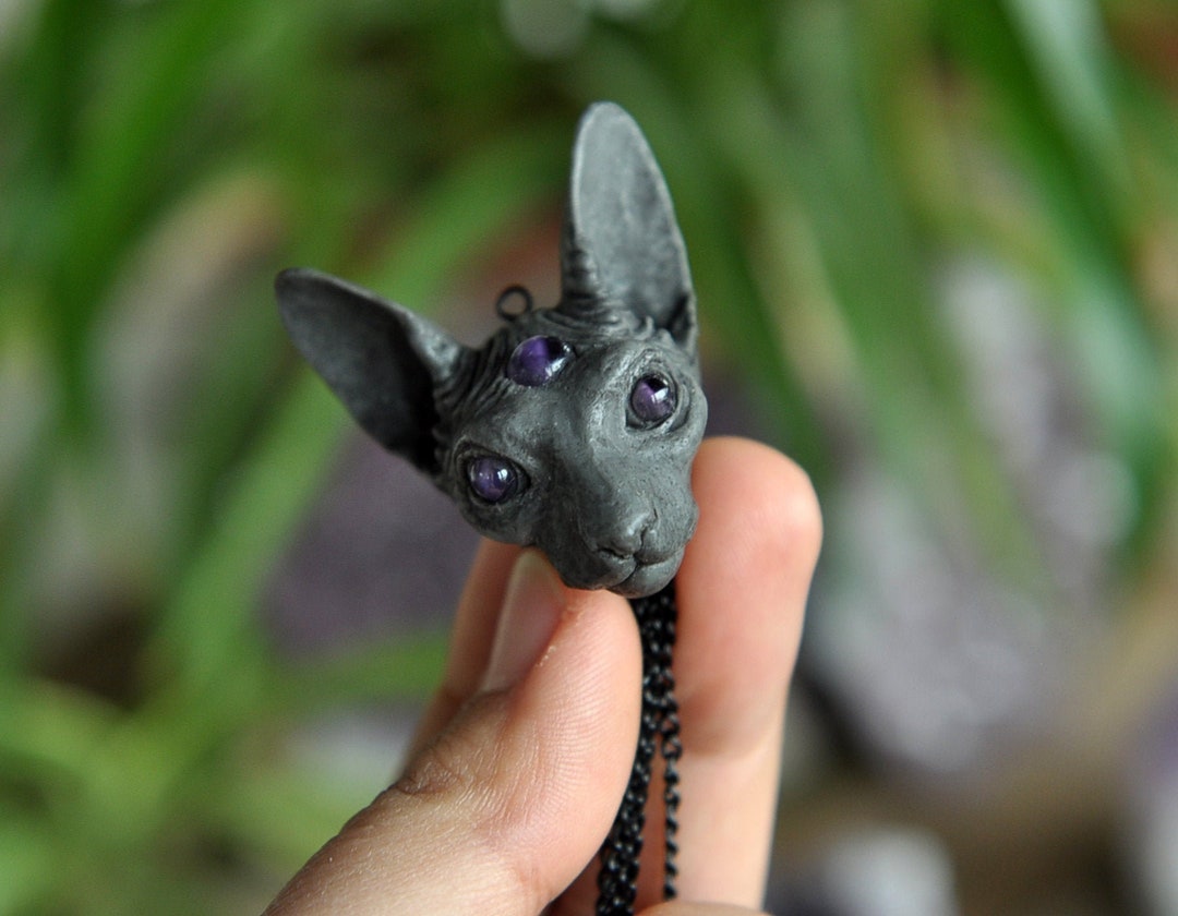 Sphynx Cat Necklace, Sphynx Cat Miniature Sculpture Pendant, Amethyst ...