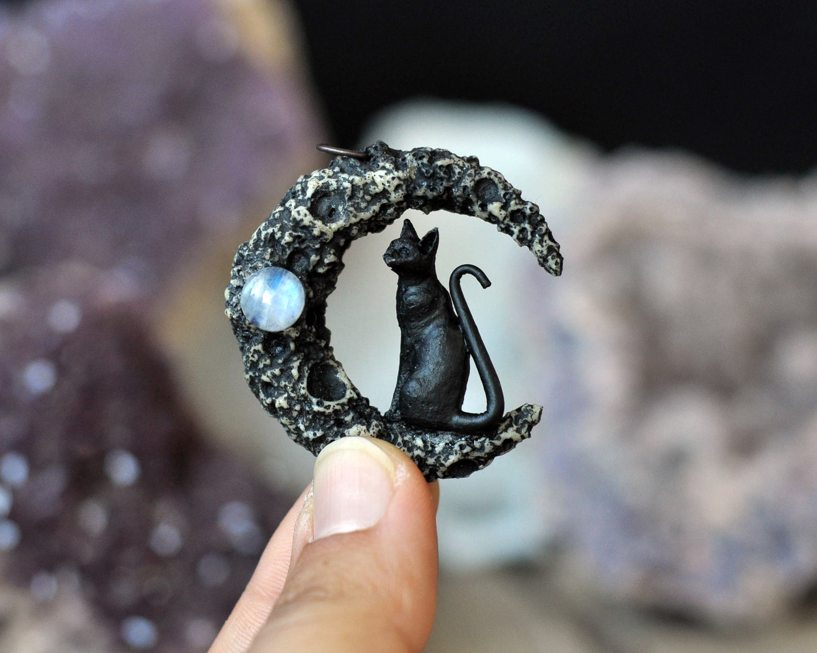 Crater Moon Cat Pendant, Small Size Crater Crescent Moon Necklace ...