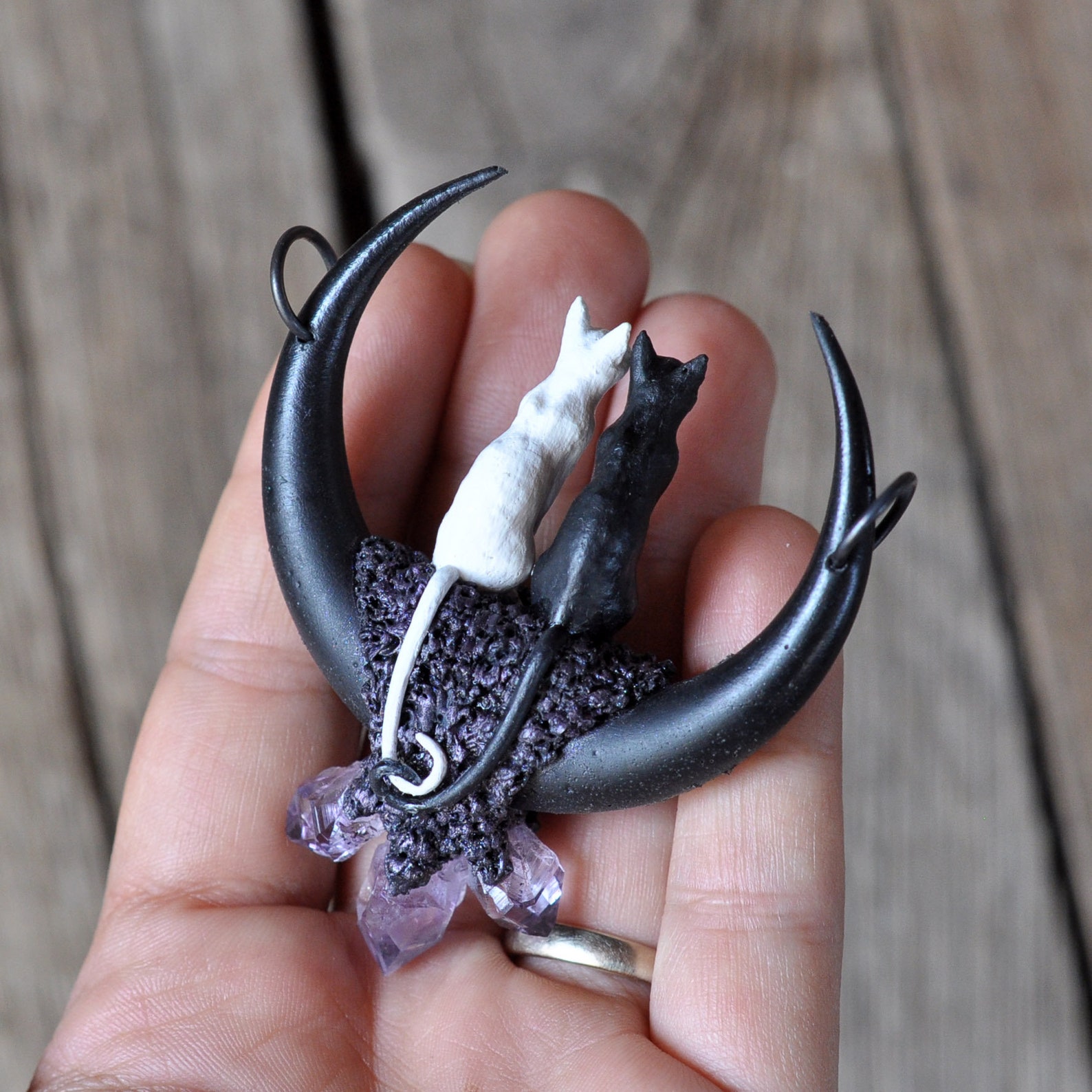 Love Cats Pendant, Crescent Moon Pendant, Black Cats Necklace, Amethyst ...
