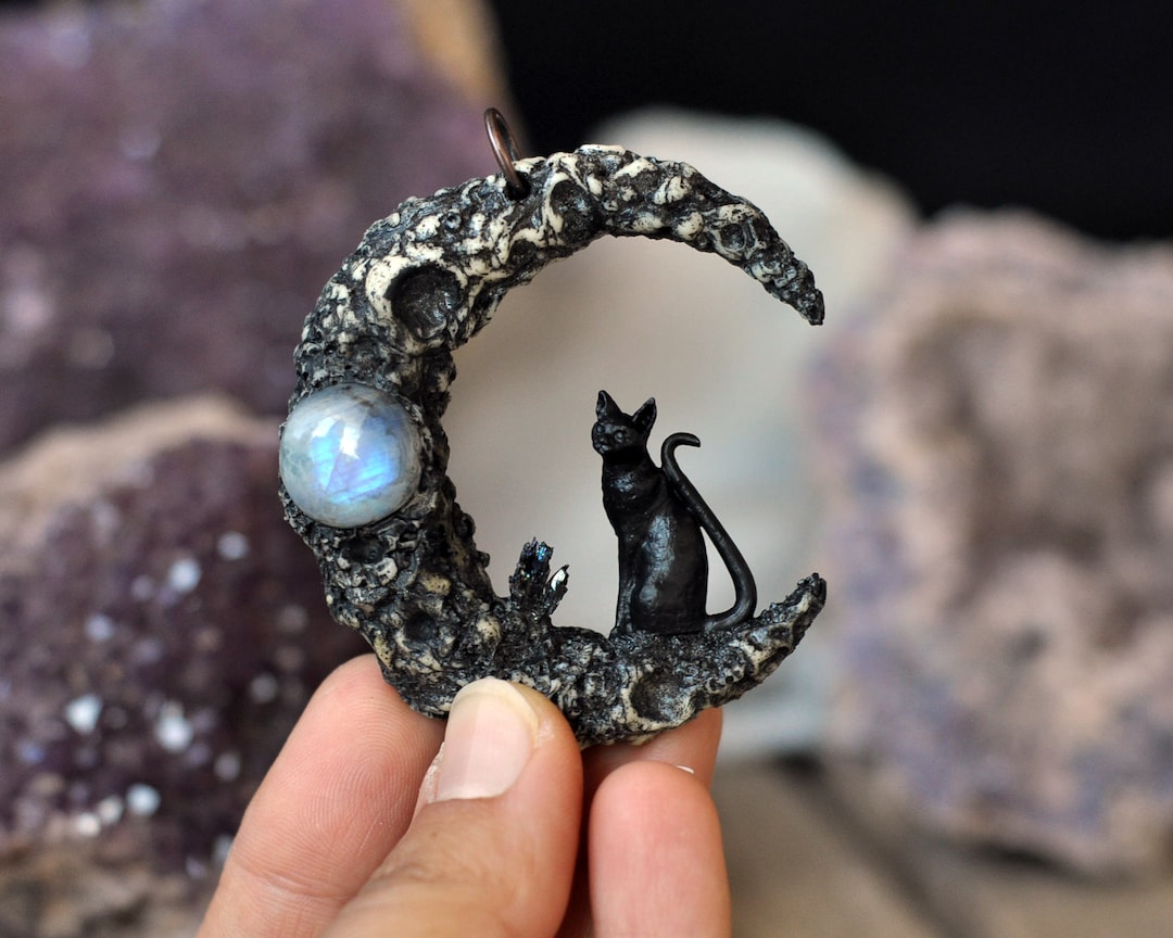 Crater Crescent Moon Pendant, Cat Necklace, Rainbow Moonstone Pendant ...
