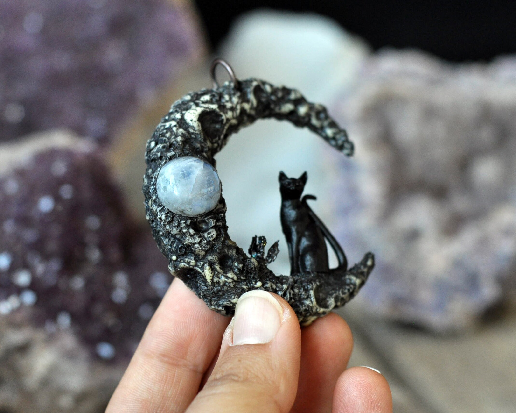 Crater Crescent Moon Pendant, Cat Necklace, Rainbow Moonstone Pendant ...
