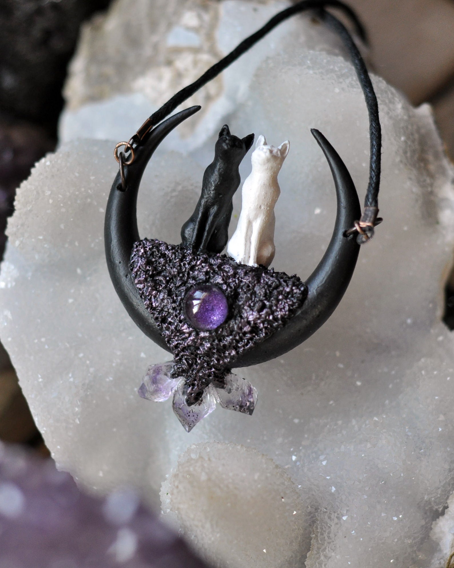 Love Cats Pendant, Crescent Moon Pendant, Black Cats Necklace, Amethyst ...