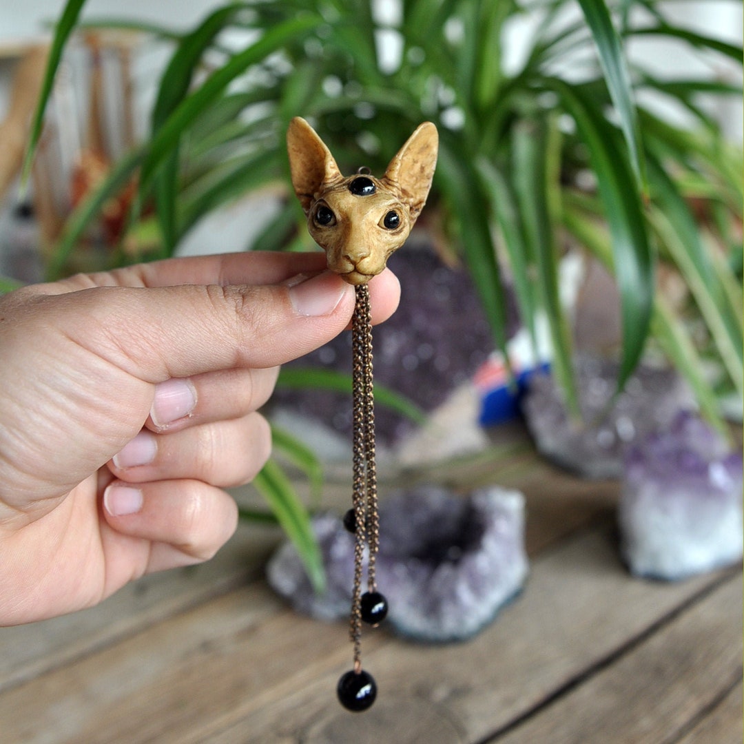 Sphynx Cat Necklace, Sphynx Cat Miniature Sculpture Pendant, Onyx Gems ...