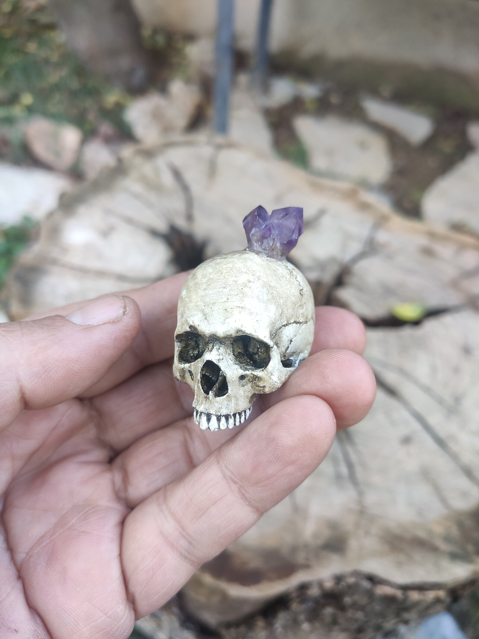 High Detailed Realistic Human Skull Sculpture With Amethyst Crystals ...