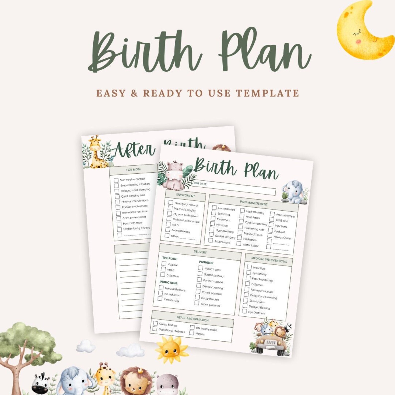 Watercolor Baby Animals Birth Plan Template (digital Download) - Etsy