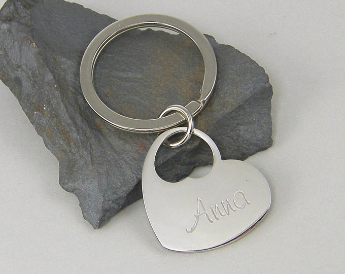 Personalized Heart Keychain, Silver Heart Key Ring, Custom Engraved Key ...