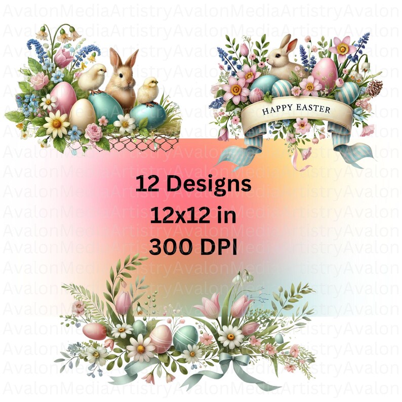12 Easter Bunny Clipart Bundle Set L Border and Banners L Easter Egg ...