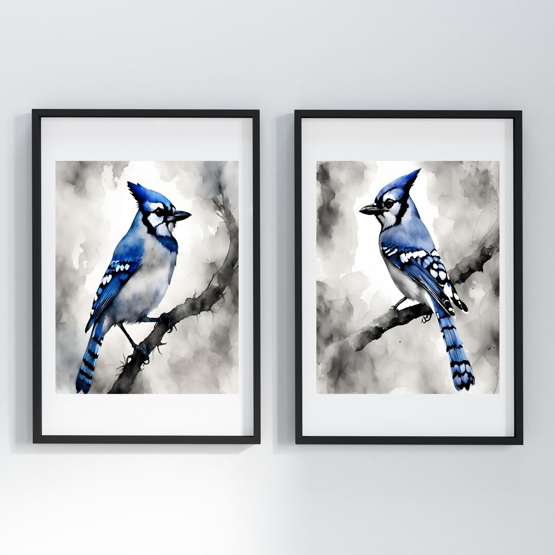 Minimalist Bird Art Prints, Black, White and Blue Watercolor Bird Wall ...