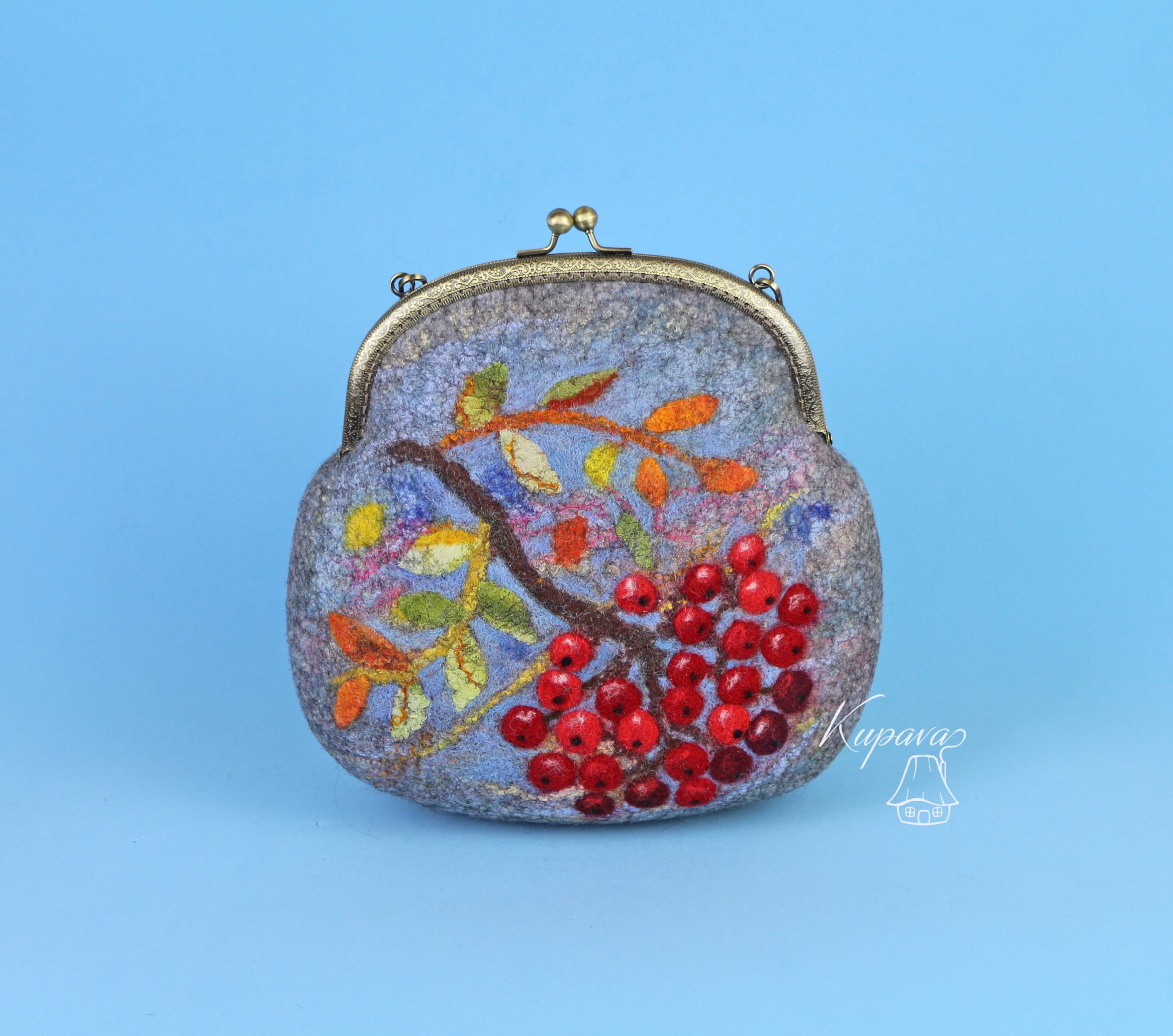 Red Cranberry Gift, Blue Felt Purse, Metal Frame Clutch, Fruit Bag ...