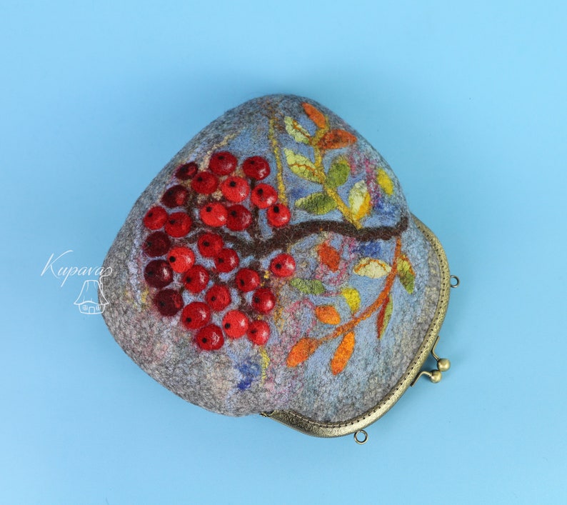 Red Cranberry Gift, Blue Felt Purse, Metal Frame Clutch, Fruit Bag ...
