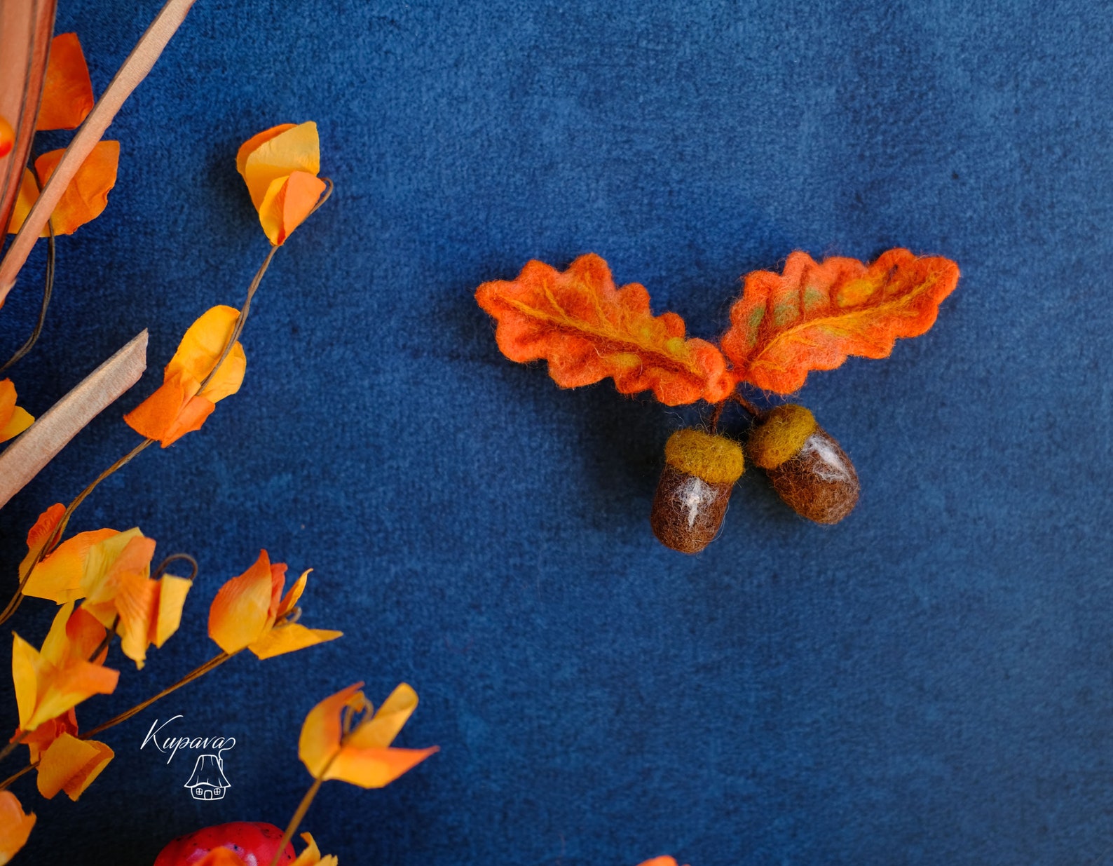 Oak Tree Felted Jewelry, Brown Acorn Brooch With Orange Leaves, Wool ...