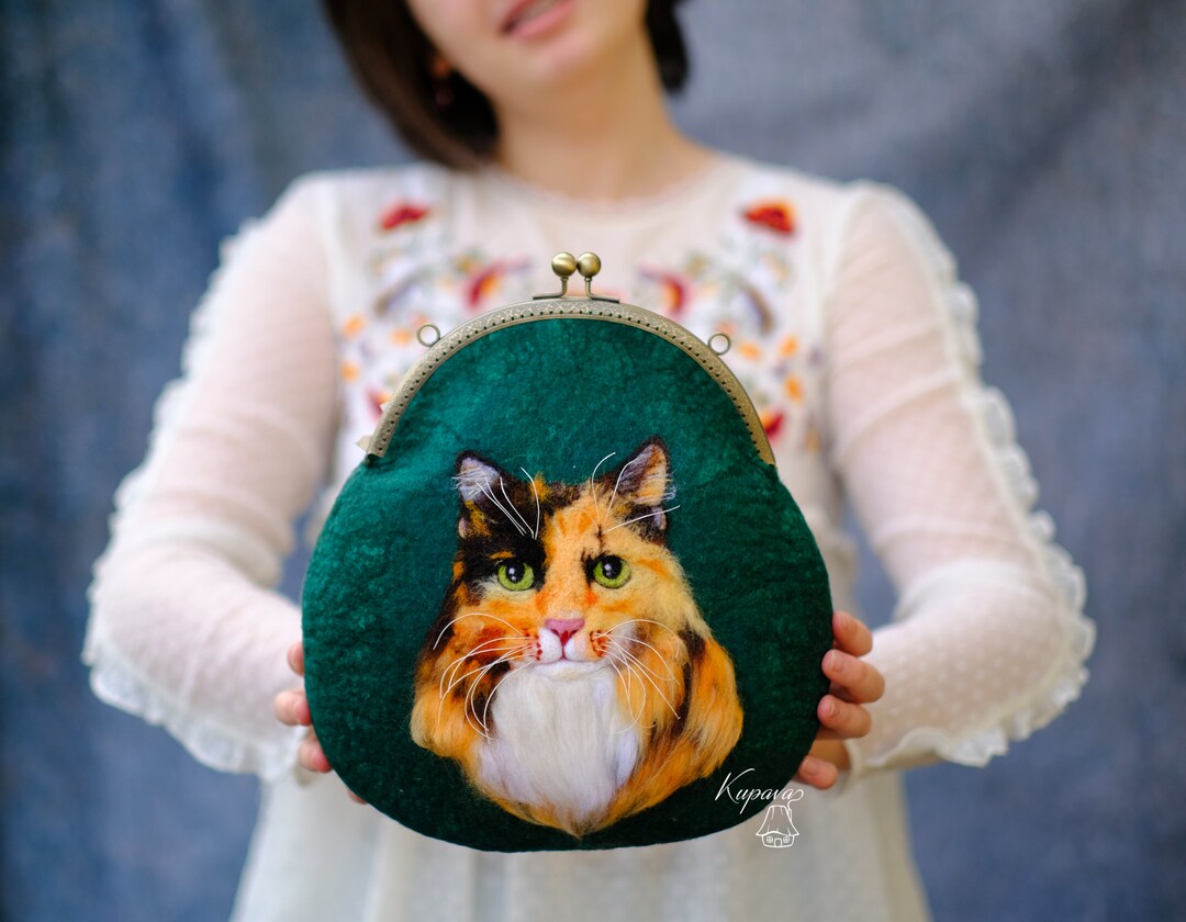 Custom Cat Portrait Bag, Small Evening Felted Wool Clutch, Personalized ...