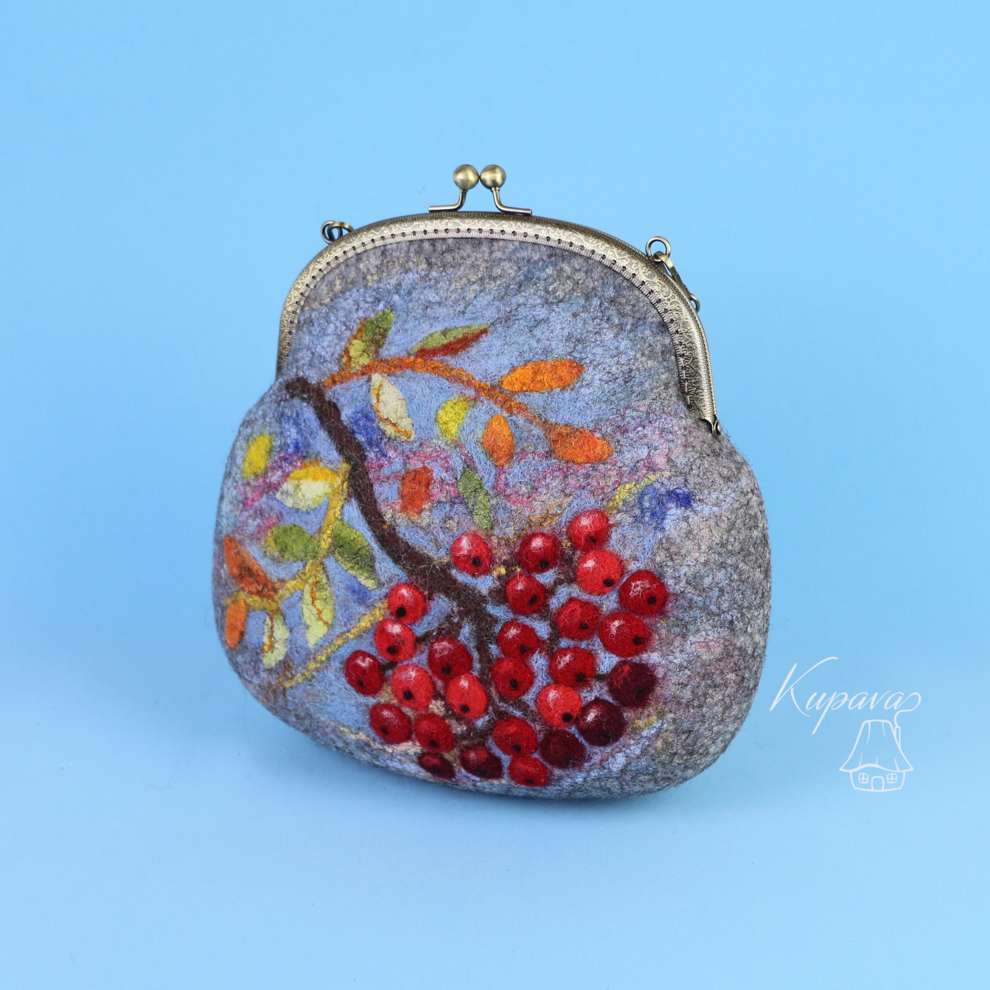 Red Cranberry Gift, Blue Felt Purse, Metal Frame Clutch, Fruit Bag ...