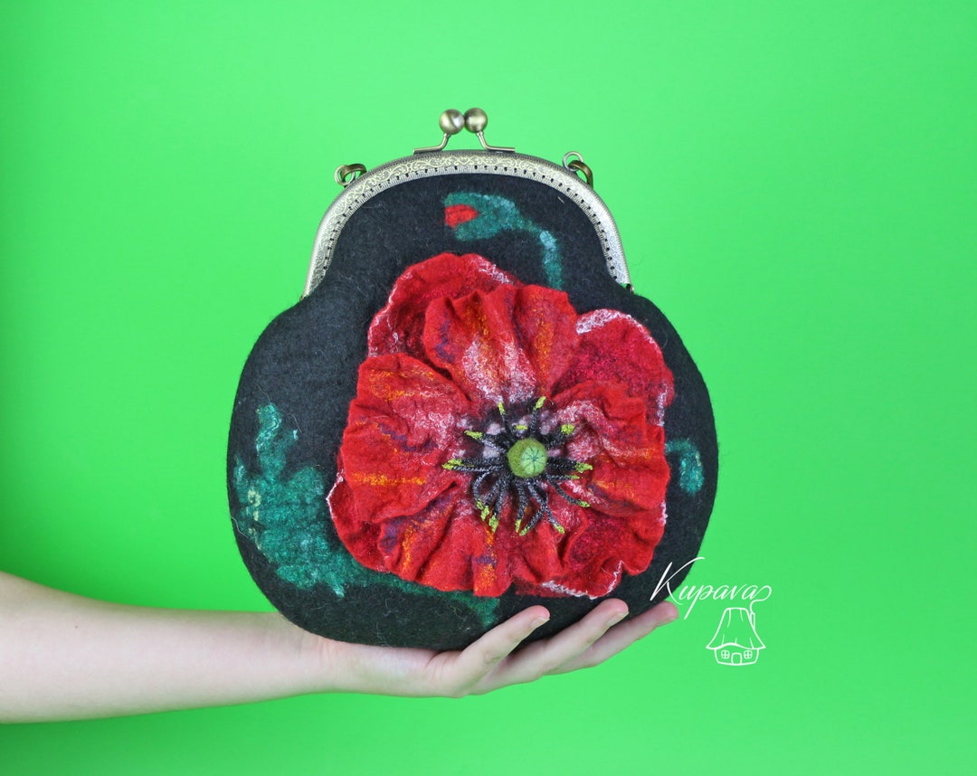 Poppy Bag, Kiss Lock Black Red Purse, Felt Wool Floral Handbag, Summer ...