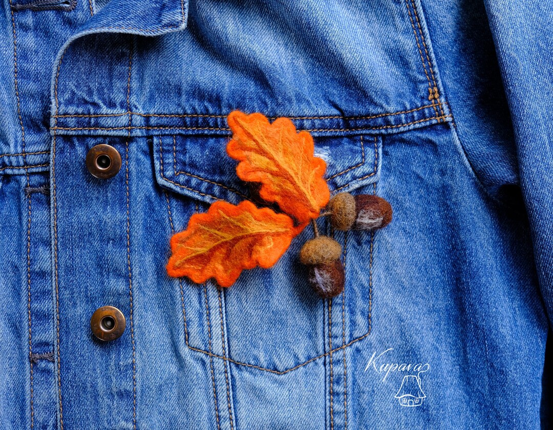 Oak Tree Felted Jewelry, Brown Acorn Brooch With Orange Leaves, Wool ...