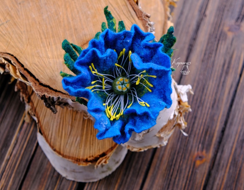 Blue Floral Brooch Poppy Wool Pin Textile Jewelry Royal | Etsy