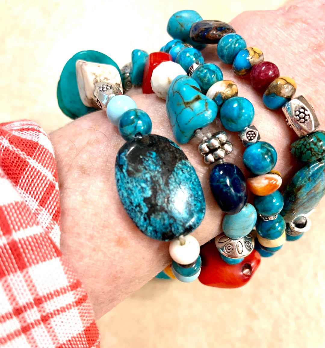 4 Turquoise and Red Coral Stack Bracelets - Etsy