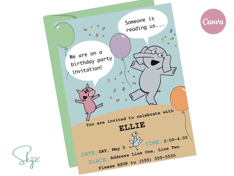 Mo Willems Inspired Birthday Party Invitation, Instant Download, Gerald ...