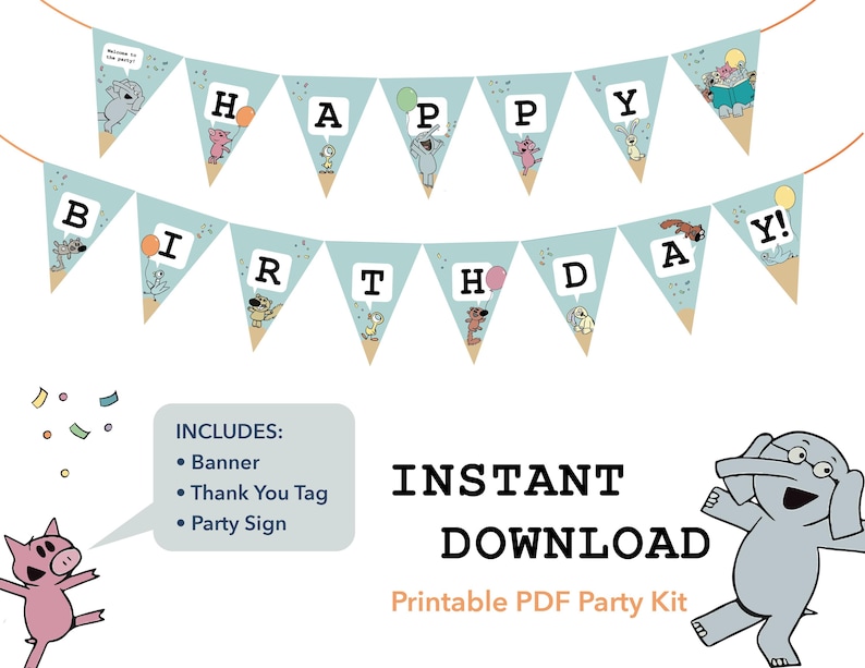 Mo Willems Inspired PDF Birthday Party Kit - Piggie & Elephant , Pigeon ...