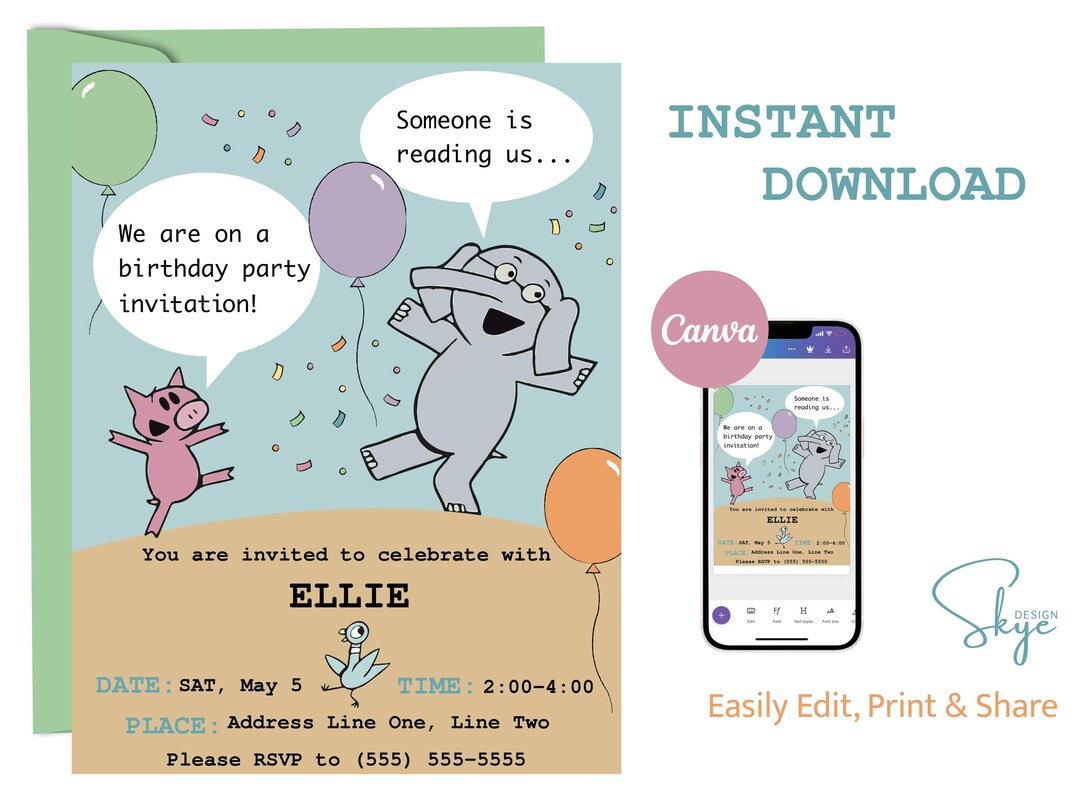 Mo Willems Inspired Birthday Party Invitation, Instant Download, Gerald ...