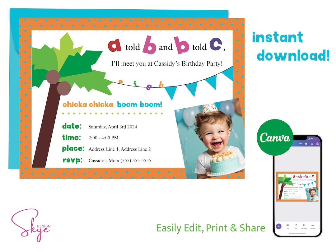 Chicka Chicka Boom Boom Downloadable Birthday Invitation - Orange With ...