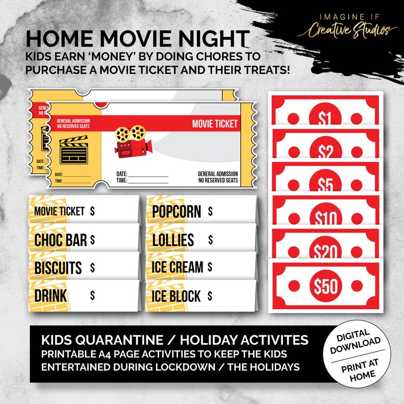 Red Home Movie Night Tickets and Money Digital Download Quarantine and ...