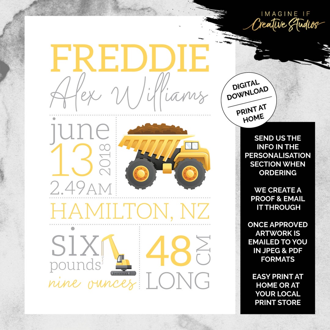 Construction Yellow Nursery Birth Prints | Digital Download ...