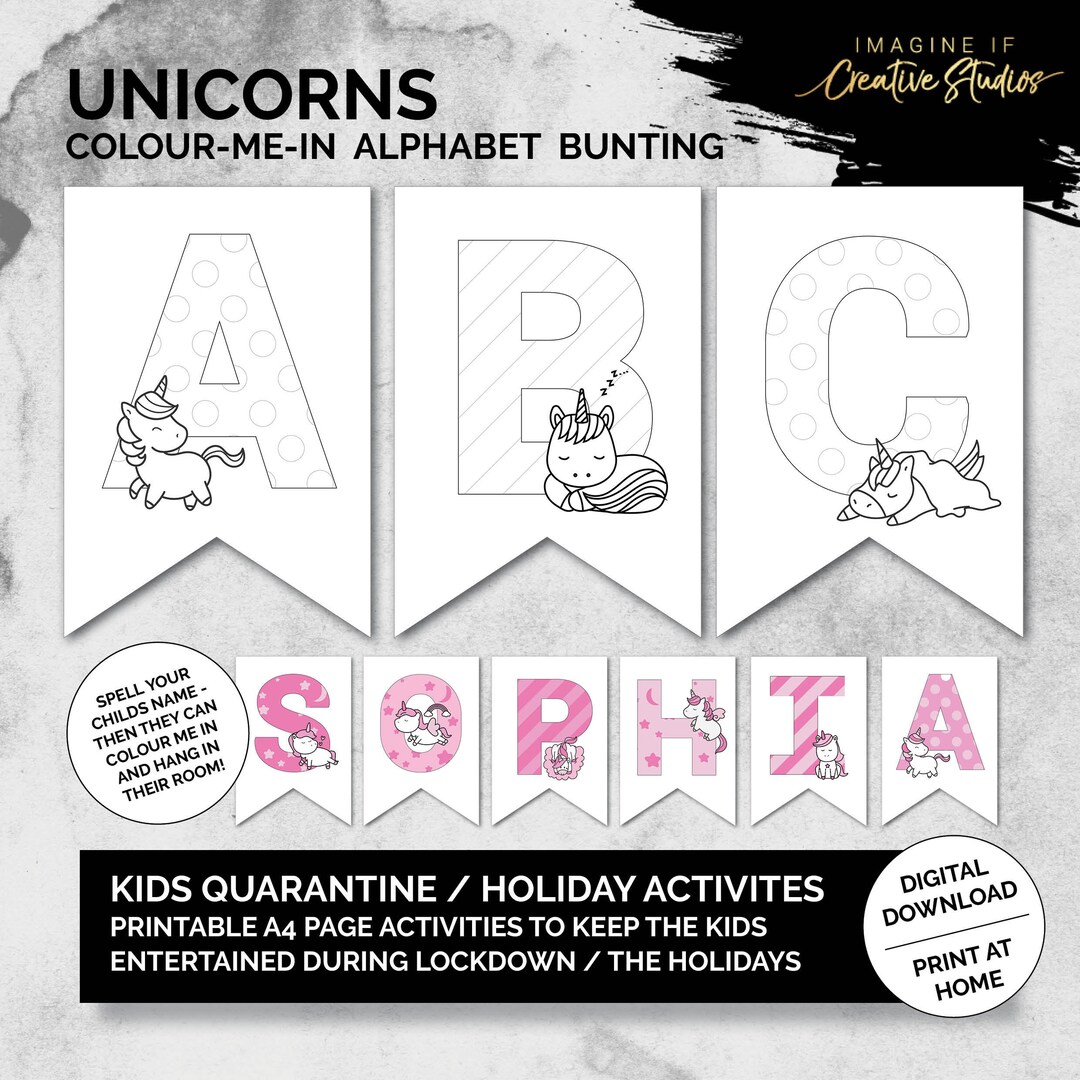 Unicorns Colouring in Alphabet Bunting Digital Download Quarantine and ...