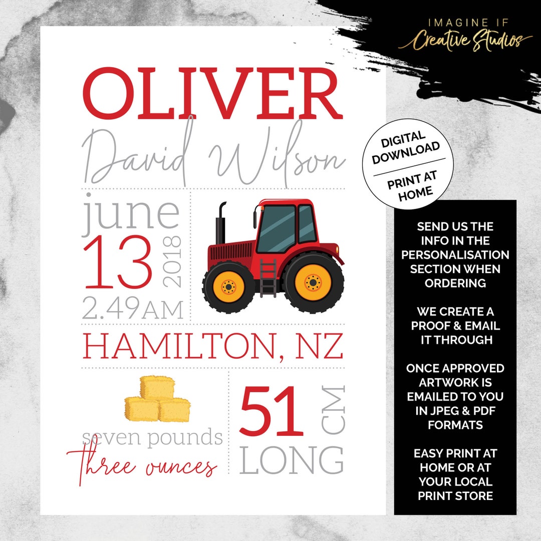 Tractor Red Nursery Birth Prints | Digital Download | Personalised ...