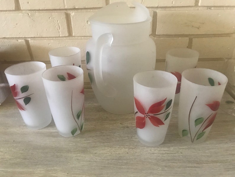 Vintage Frosted Water Pitcher and Glass Set, Hand Painted Flower Design ...
