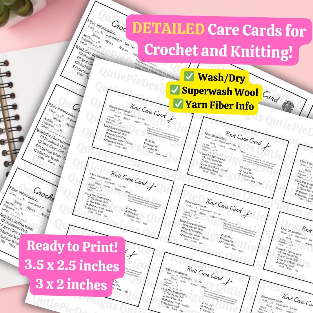 Knit & Crochet Care Card: Printable Fiber Content Instructions (digital ...