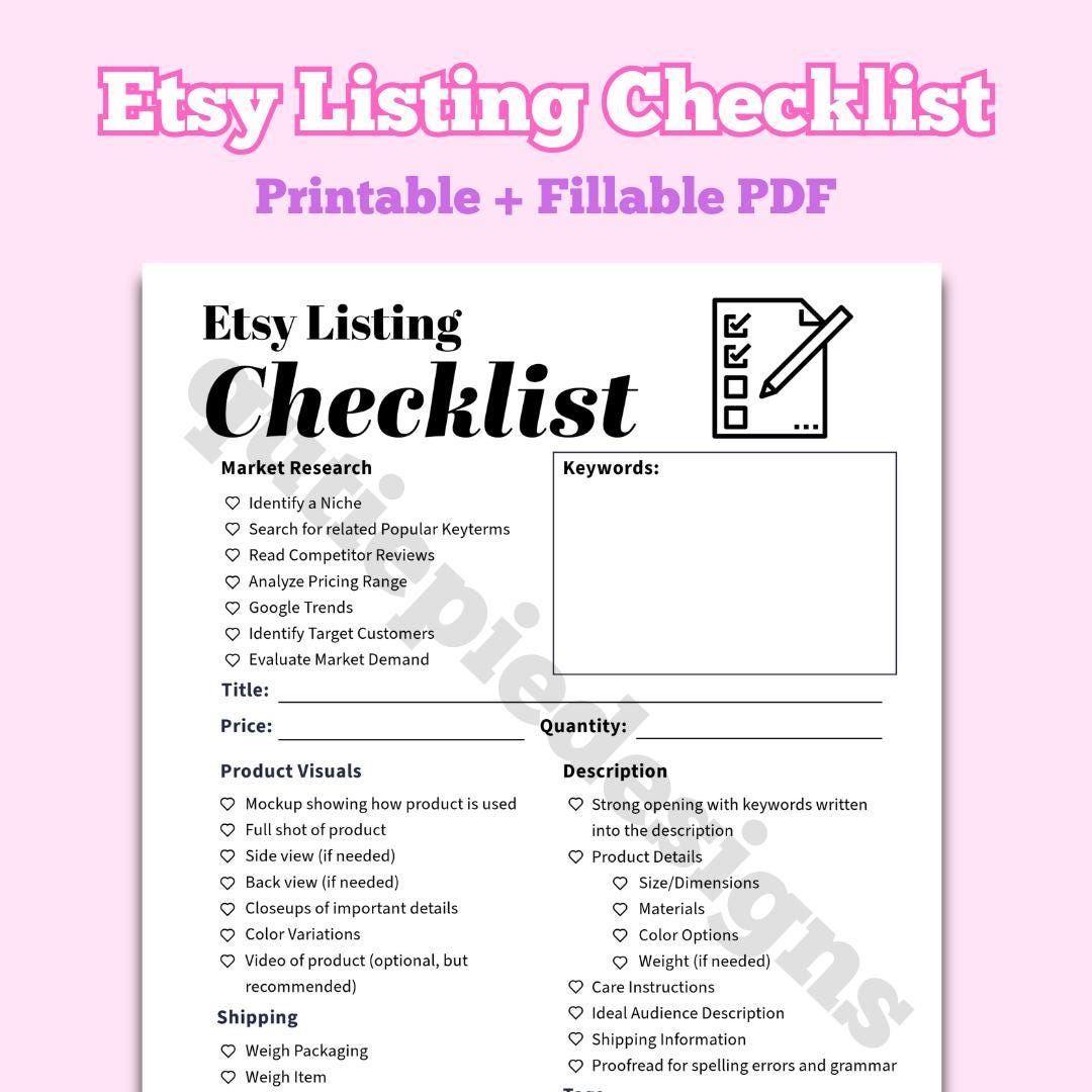 Simple Etsy Listing Checklist Checklist for Etsy Listing for New Shop ...