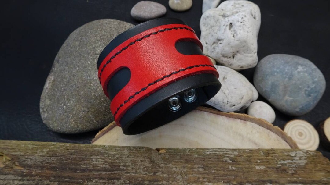Black & Red Leather Biker Cuff, Leather Rocker Cuff, Men's Leather Cuff ...