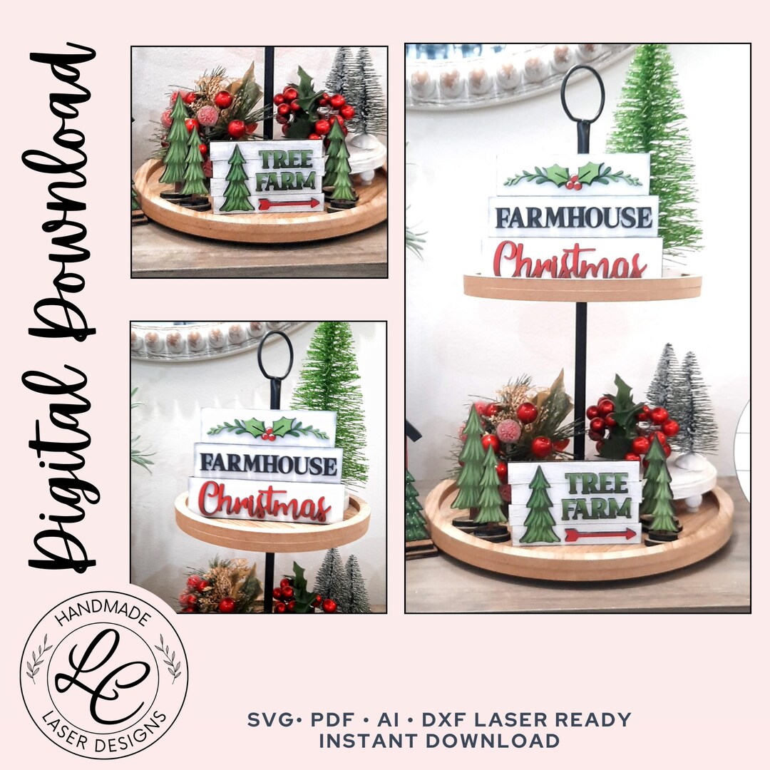 Christmas Tree Farm Sign, Trees and Word Blocks SVG Tiered Tray File ...