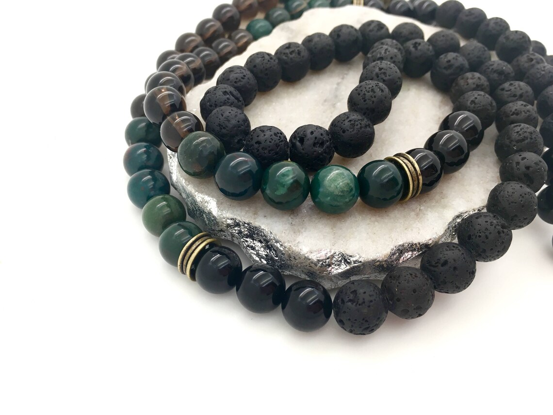 Men's Mala Necklace, Bloodstone Black Onyx & Smoky Quartz Mala Necklace ...