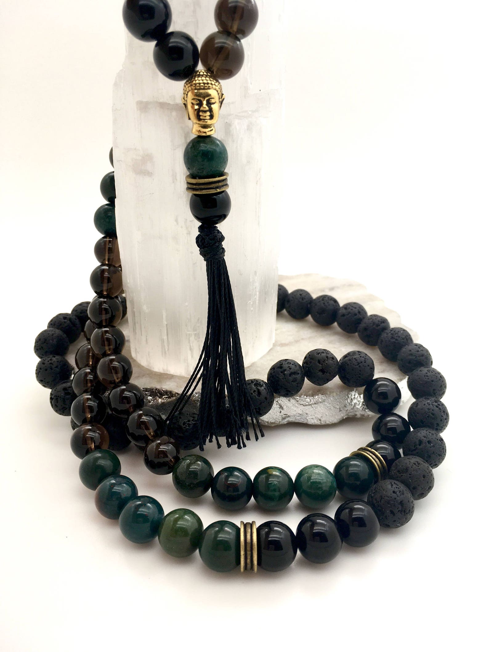 Men's Mala Necklace, Bloodstone Black Onyx & Smoky Quartz Mala Necklace ...