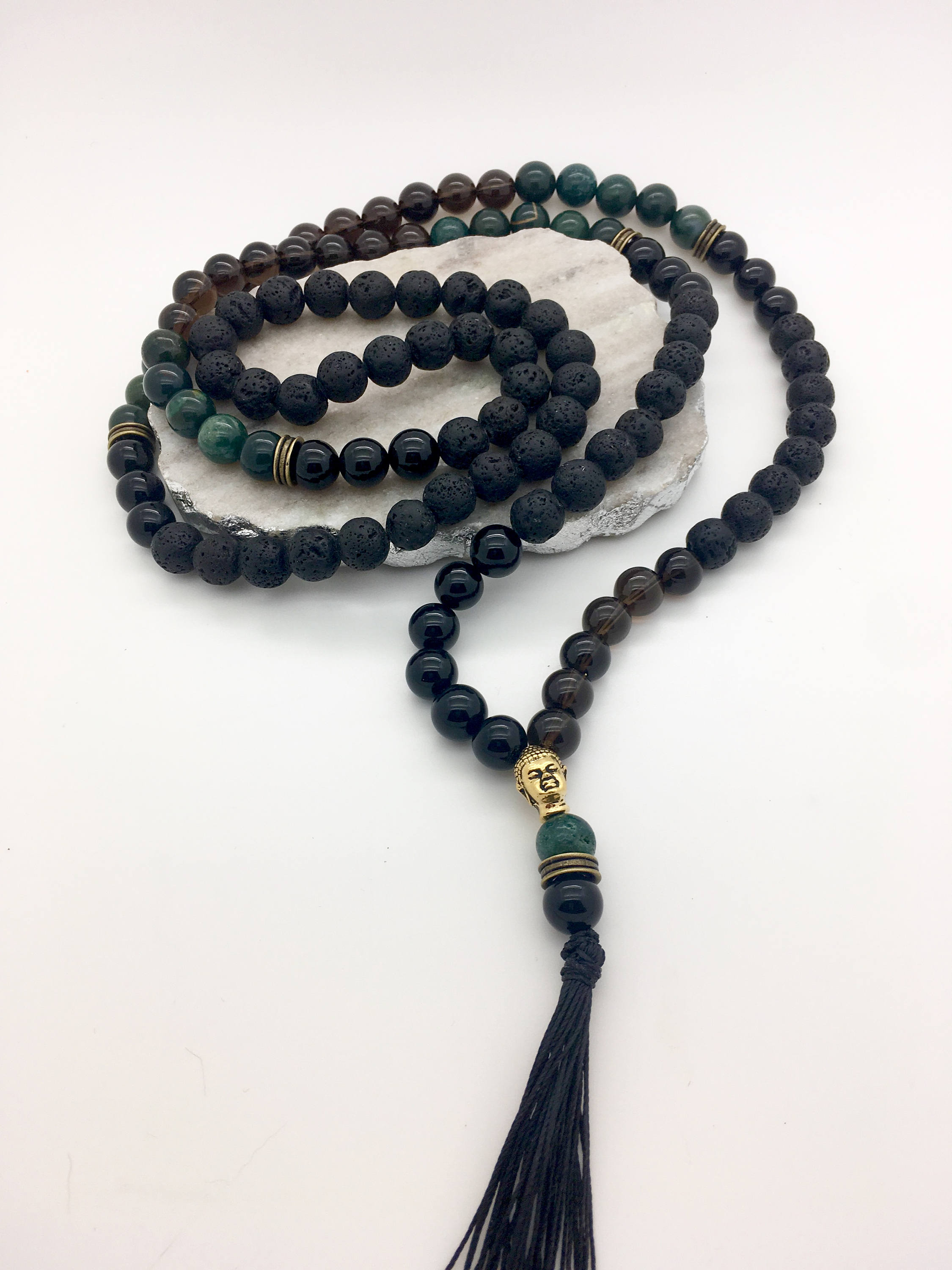 Men's Mala Necklace, Bloodstone Black Onyx & Smoky Quartz Mala Necklace ...