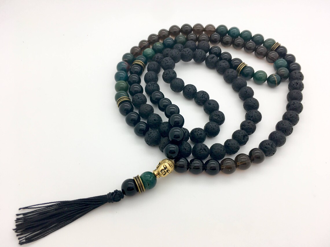 Men's Mala Necklace, Bloodstone Black Onyx & Smoky Quartz Mala Necklace ...