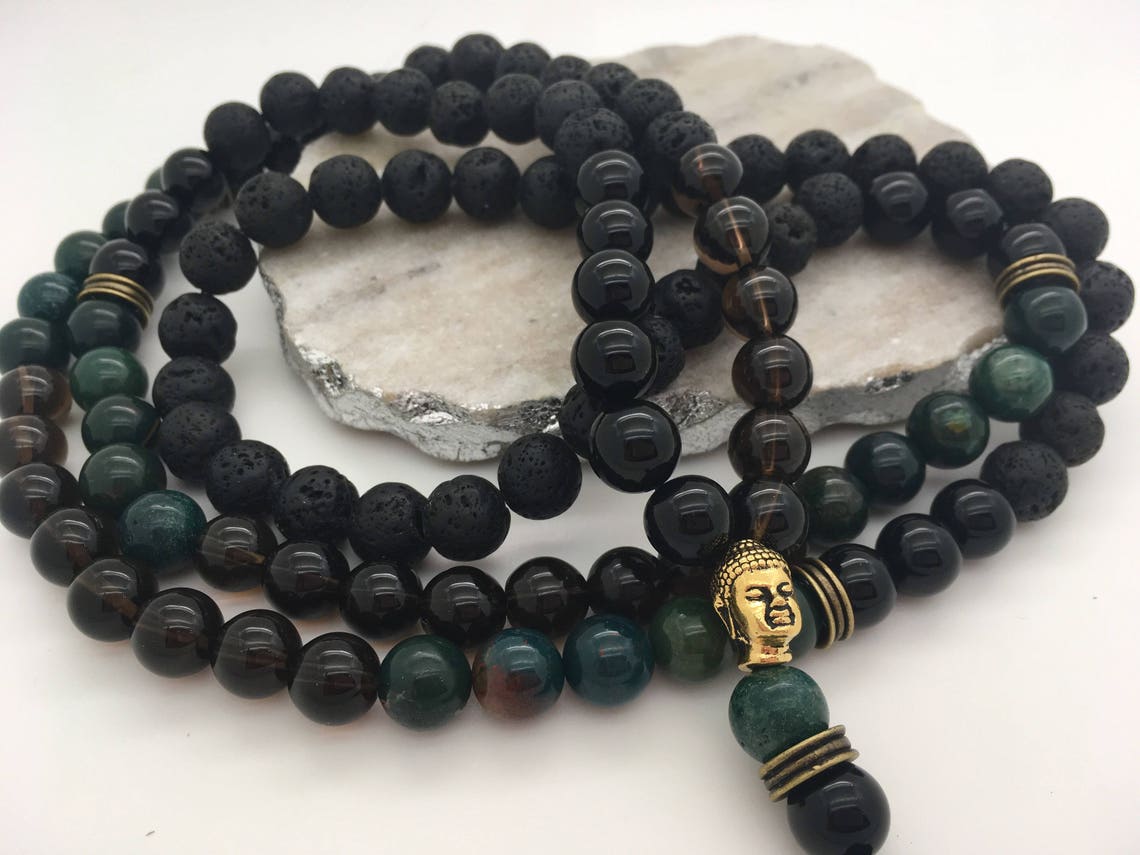 Men's Mala Necklace, Bloodstone Black Onyx & Smoky Quartz Mala Necklace ...